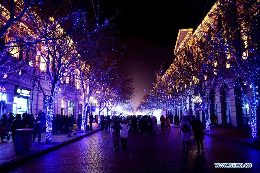Central Street illuminated by ice sculptures in NE China's Harbin ...